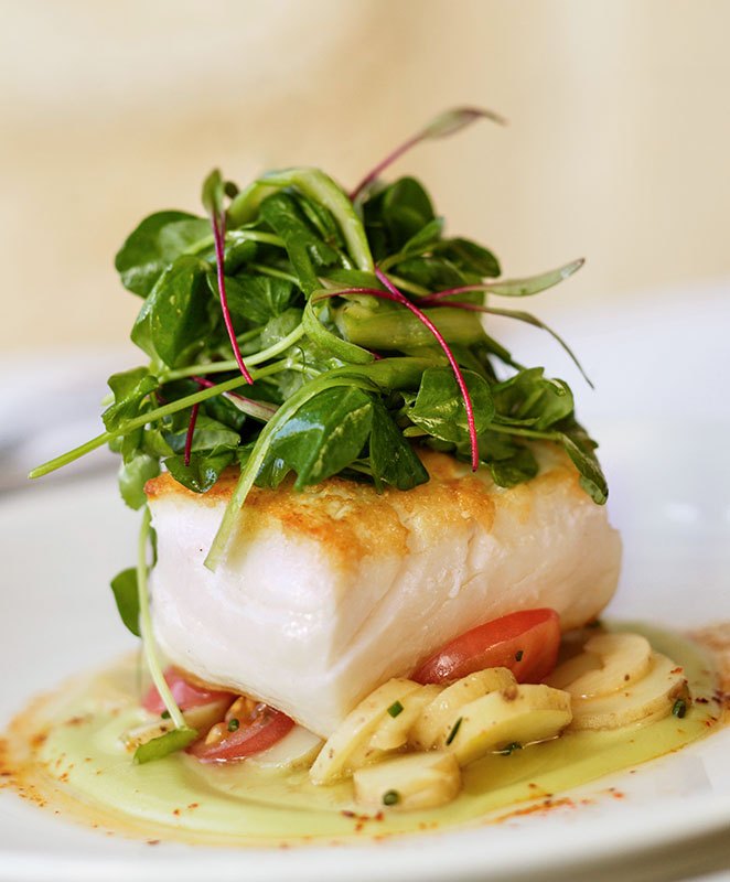 Halibut with Fava Bean Mousse and Sherry Vinaigrette