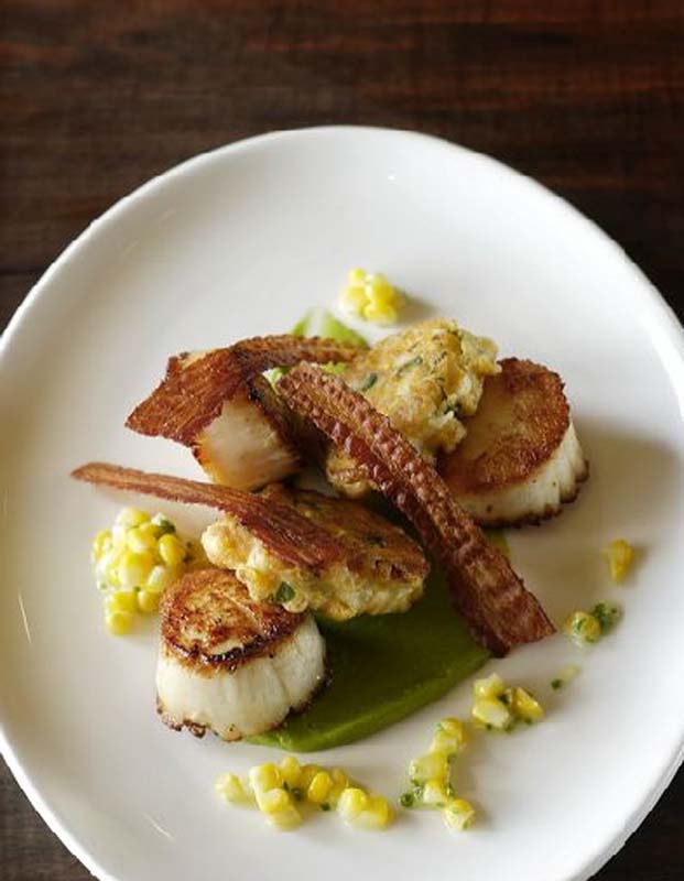 Jory Pan Seared Diver Scallops With Corn-Lovage Fritters, Bacon Chips ...