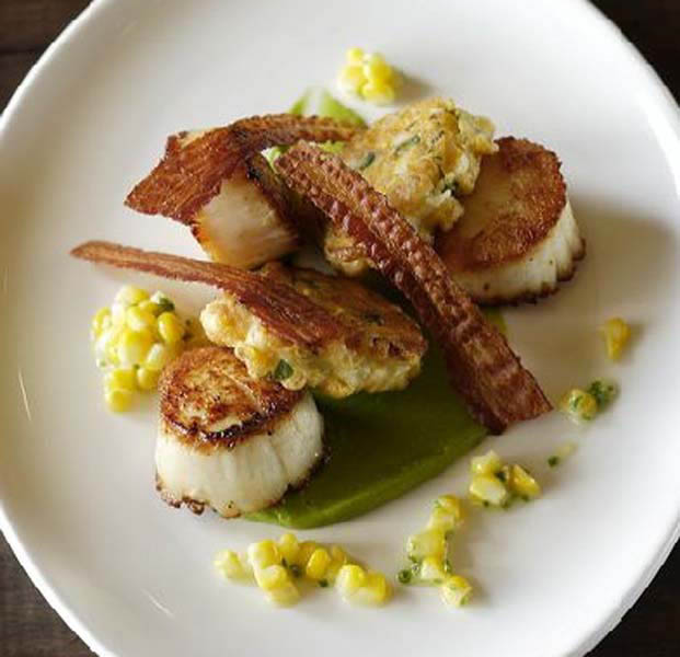Jory Pan Seared Diver Scallops With Corn-Lovage Fritters, Bacon Chips ...